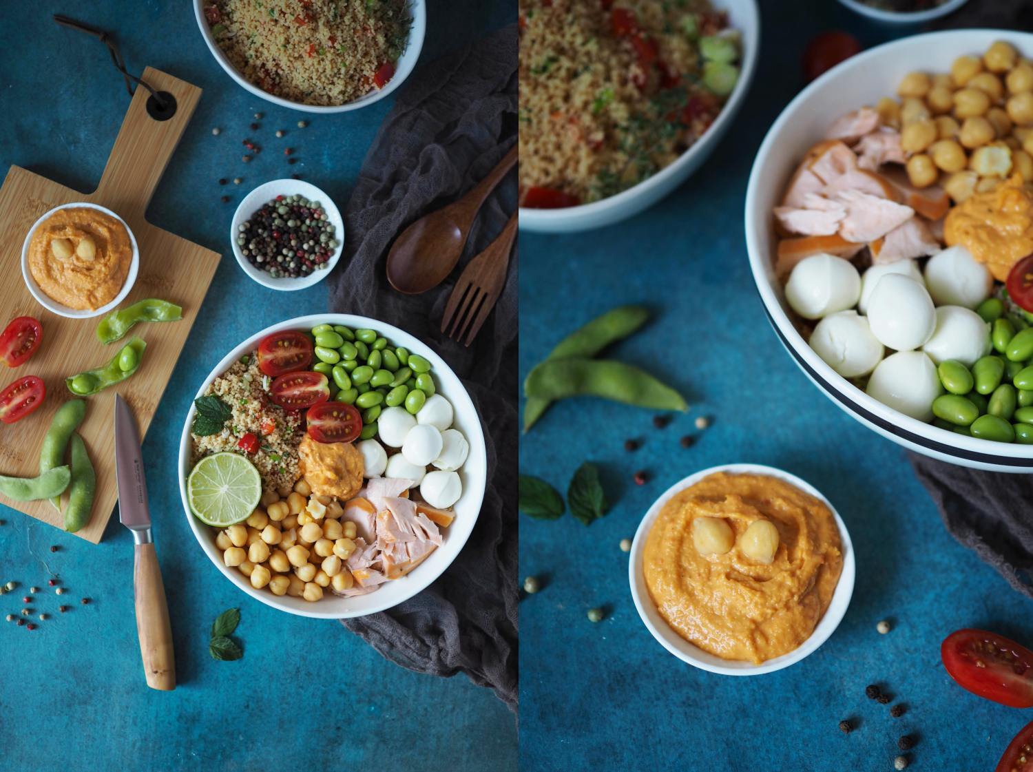 Couscous-Bowl mit Edamame, Lachs & Hummus - Wiewowasistgut